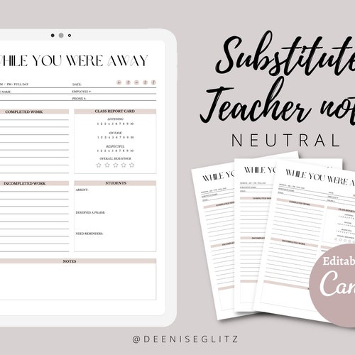 Substitute Teacher Note Feedback Form Template While You - Etsy