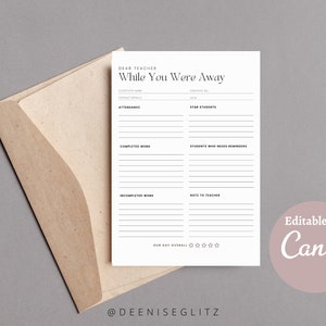 CLASSIC Substitute Teacher Note Template, While You Were Away, Note to ...