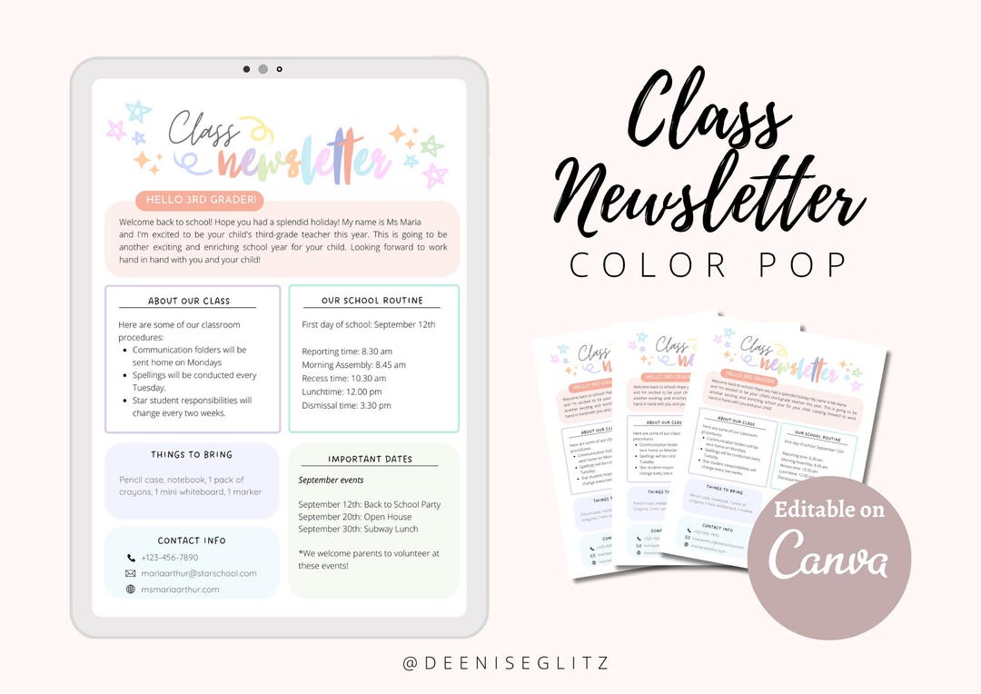 COLOR POP Back to School Classroom Newsletter, Monthly Newsletter ...