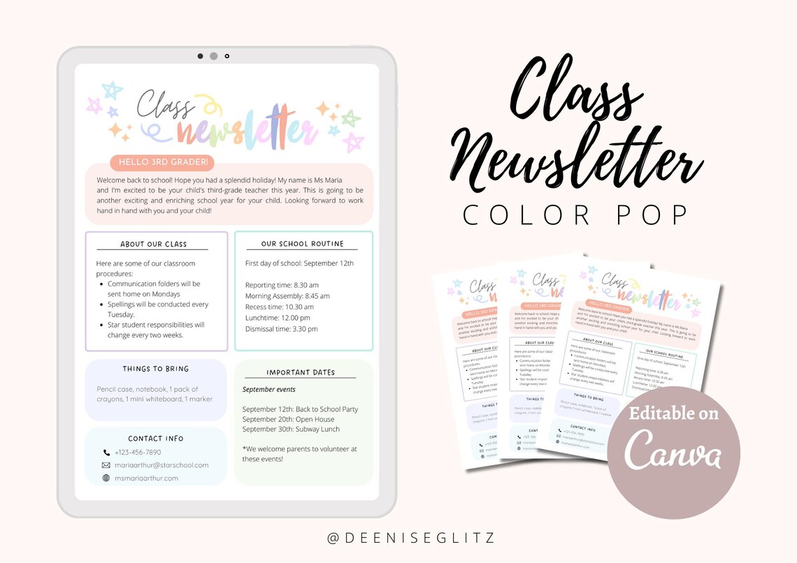 COLOR POP Back to School Classroom Newsletter, Monthly Newsletter ...