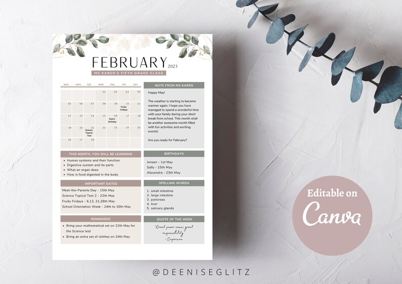 BOTANICAL Monthly Newsletter Template, Class Newsletter, School ...