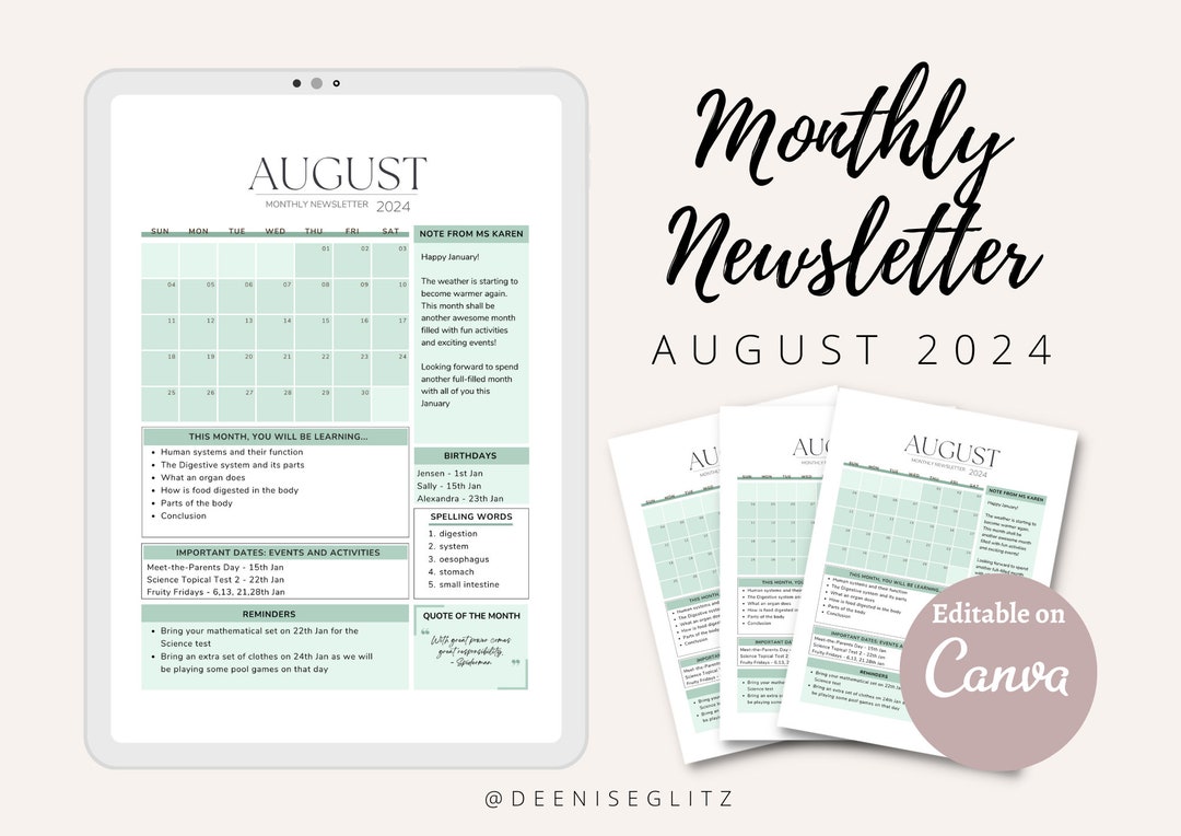 AUGUST 2024 Monthly Newsletter Template, Classroom Newsletter, School ...