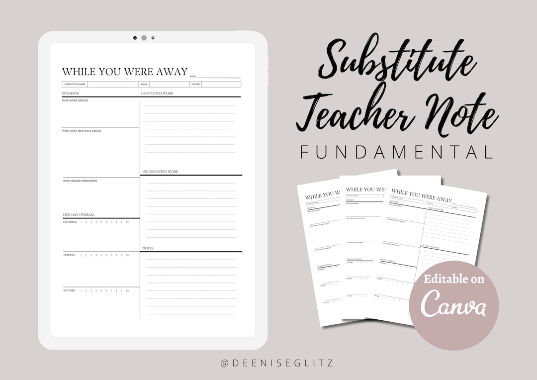FUNDAMENTAL Substitute Teacher Printable, Substitute Teacher Note ...