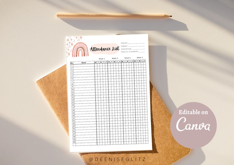 BOHO RAINBOW Attendance Sheet, Attendance Log, Class List, Classroom ...