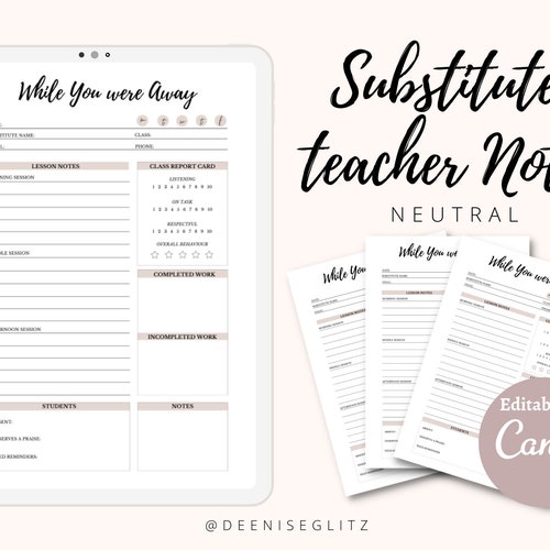 Substitute Teacher Note Feedback Form Template While You - Etsy