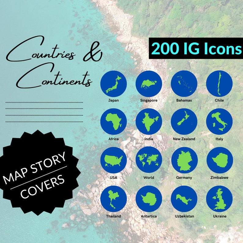 Countries & Continents Maps Travel Instagram Highlight Cover, Green ...