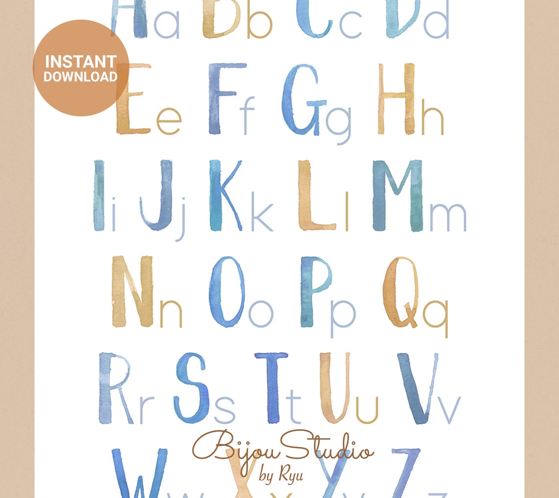 Alphabet Blue Nursery Printable Wall Art ABC Upper Lowercase - Etsy