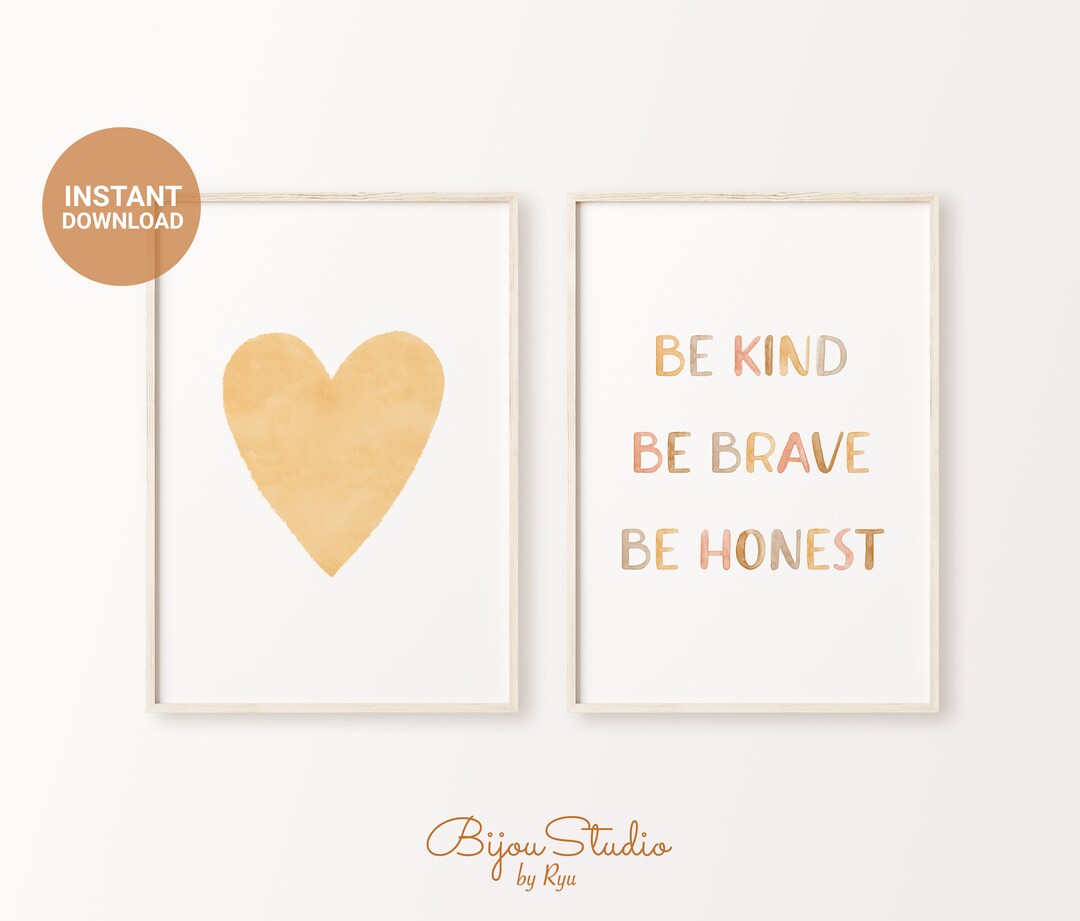 Set of 2 Affirmations for Kids Be Kind, Yellow Heart Boho Nursery ...