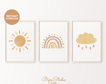 Set of 3 Boho Nursery Printable Wall Art Sun Rainbow Moon | Etsy