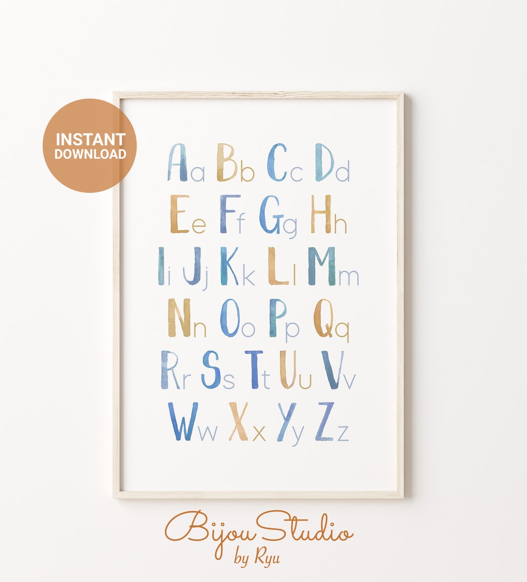 Alphabet Blue Nursery Printable Wall Art, ABC Upper Lowercase Pastel ...