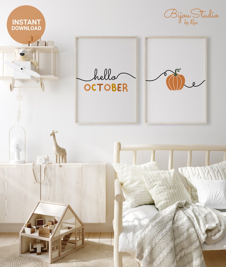 Set of 2 Hello October Boho Printable Wall Art Neutral Fall - Etsy