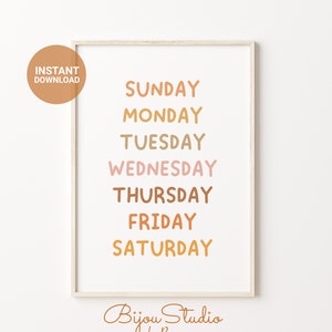 Days of the Week Boho Nursery Printable Wall Art, Educational Gender ...