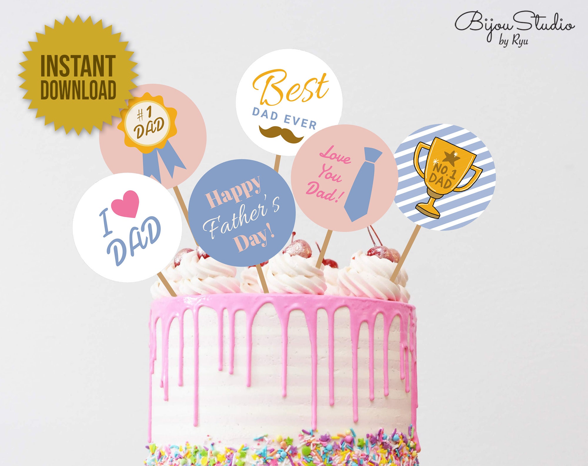 Printable Best Dad Cake Topper, Happy Fathers Day Topper, 2 Round ...