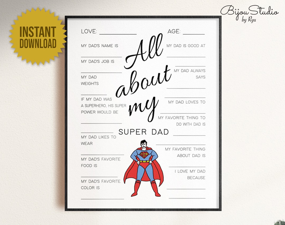 All About My Dad, Printable Fathers Day Gift From Kids, Questionnaire ...