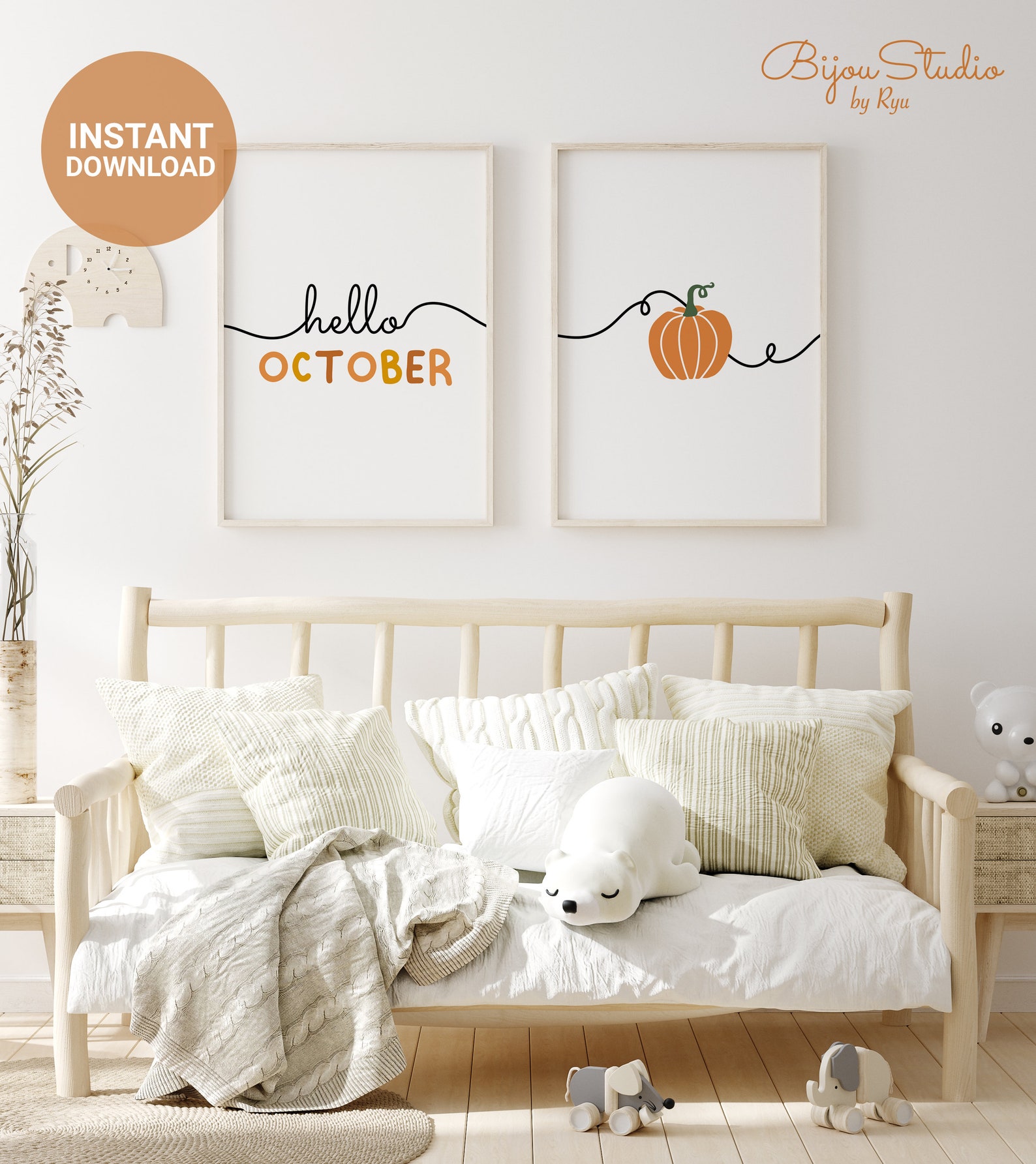 Set of 2 Hello October Boho Printable Wall Art Neutral Fall - Etsy