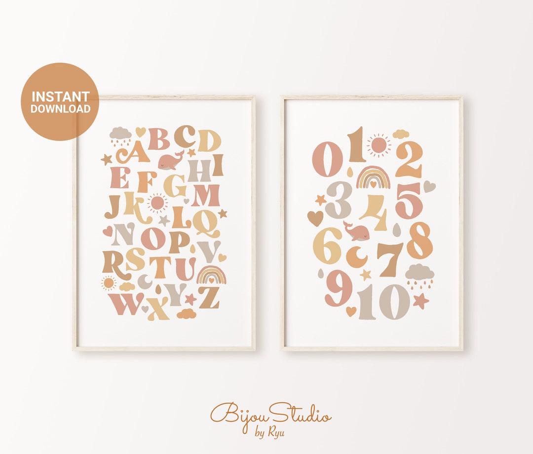 Set of 2 Alphabet and Numbers Boho Nursery Printable Wall Art, ABC ...