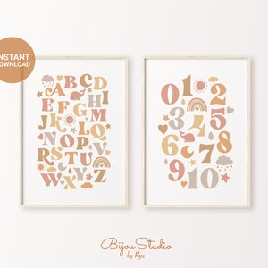 Set of 2 Alphabet and Numbers Boho Nursery Printable Wall Art, ABC ...