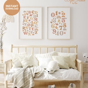Set of 2 Alphabet and Numbers Boho Nursery Printable Wall Art, ABC ...