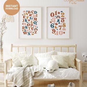 Set of 2 Alphabet and Numbers Boho Nursery Printable Wall Art, ABC ...