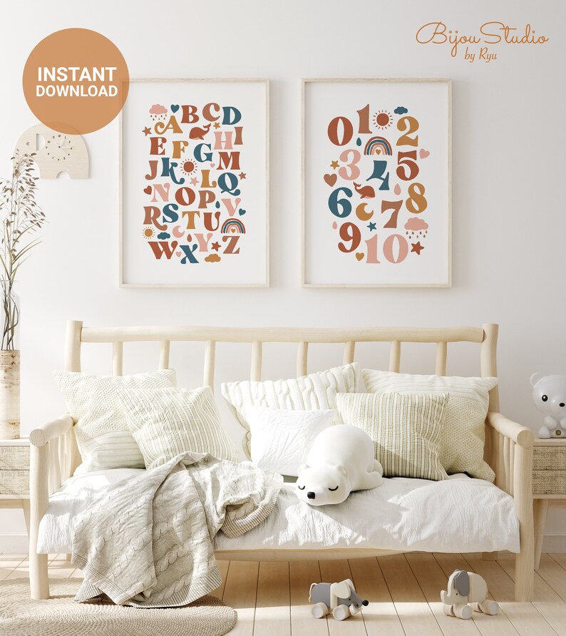 Set of 2 Alphabet and Numbers Boho Nursery Printable Wall Art, ABC ...