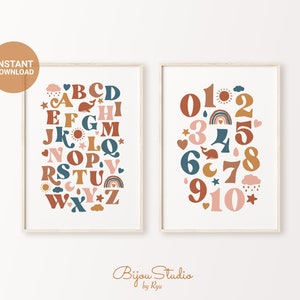 Set of 2 Alphabet and Numbers Boho Nursery Printable Wall Art, ABC ...