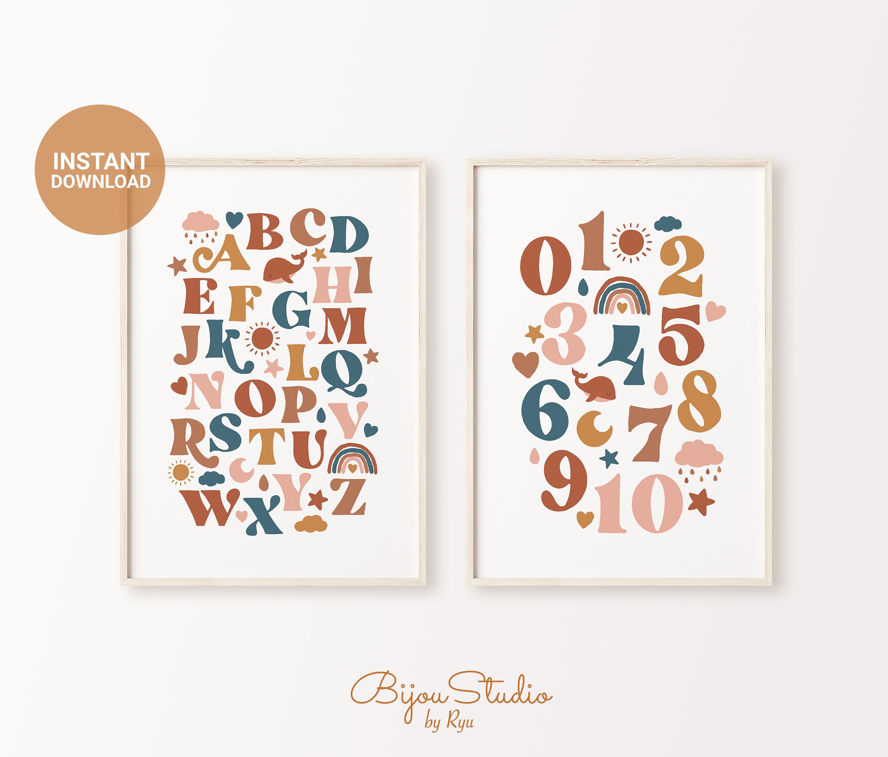 Set of 2 Alphabet and Numbers Boho Nursery Printable Wall Art, ABC ...
