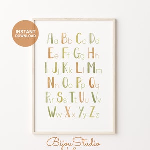 Alphabet Boho Olive Green Nursery Printable Wall Art ABC Upper - Etsy
