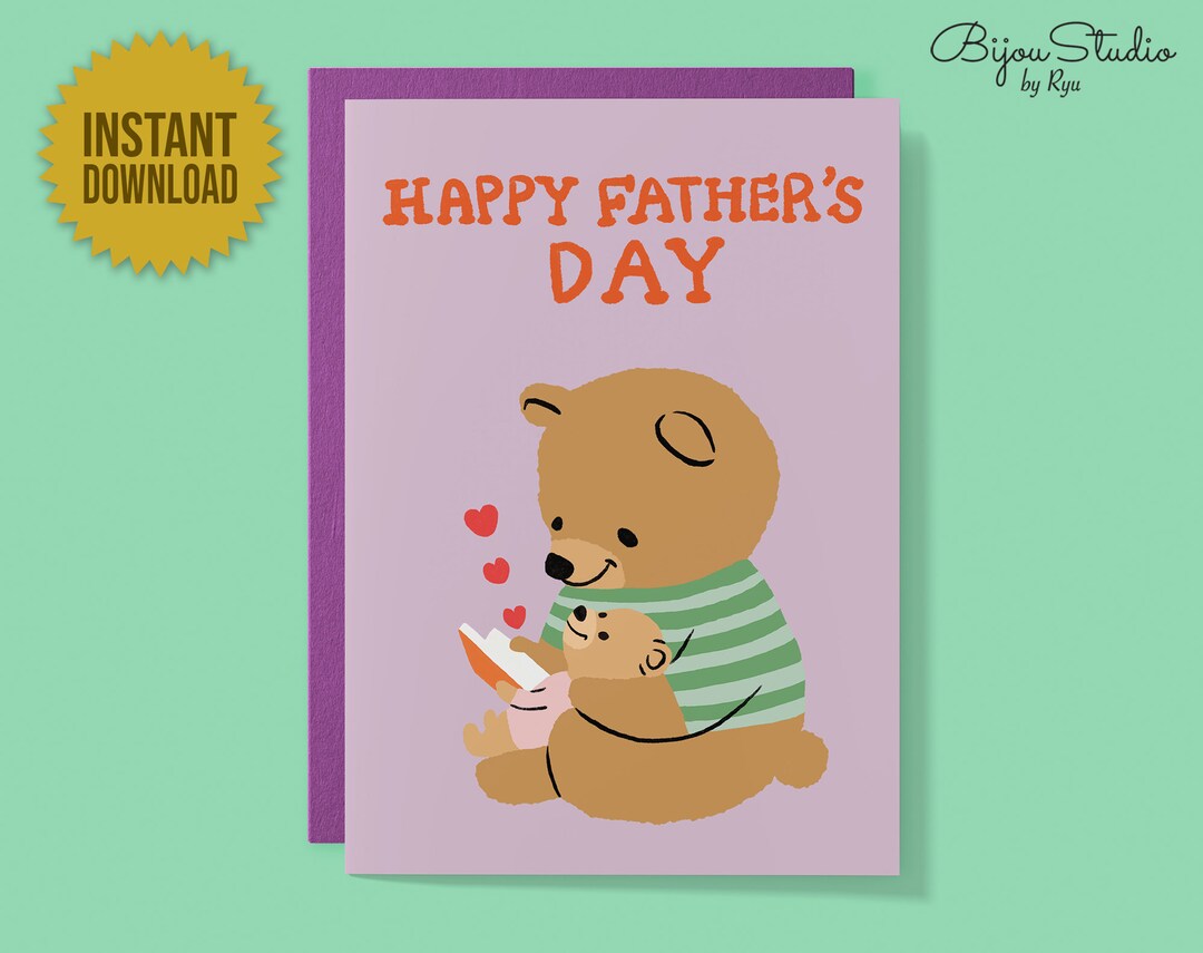 Printable Daddy Bear Card, First Fathers Day Card, Reading a Book ...