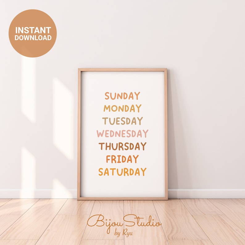 Days of the Week Boho Nursery Printable Wall Art Educational | Etsy