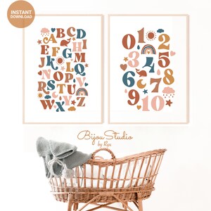 Set of 2 Alphabet and Numbers Boho Nursery Printable Wall Art, ABC ...