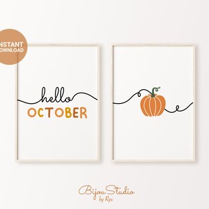 Set of 2 Hello October Boho Printable Wall Art Neutral Fall - Etsy
