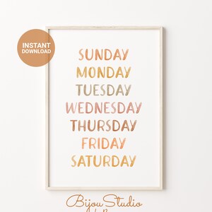 Days of the Week Boho Nursery Printable Wall Art, Educational Gender ...