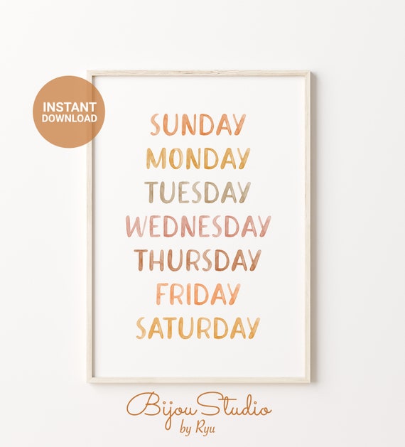 Days of the Week Boho Nursery Printable Wall Art Educational - Etsy