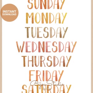 Days of the Week Boho Nursery Printable Wall Art, Educational Gender ...