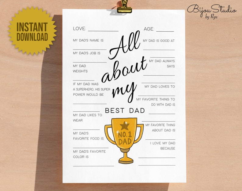 All About My Dad Printable, Fathers Day Gift From Kids, Questionnaire ...