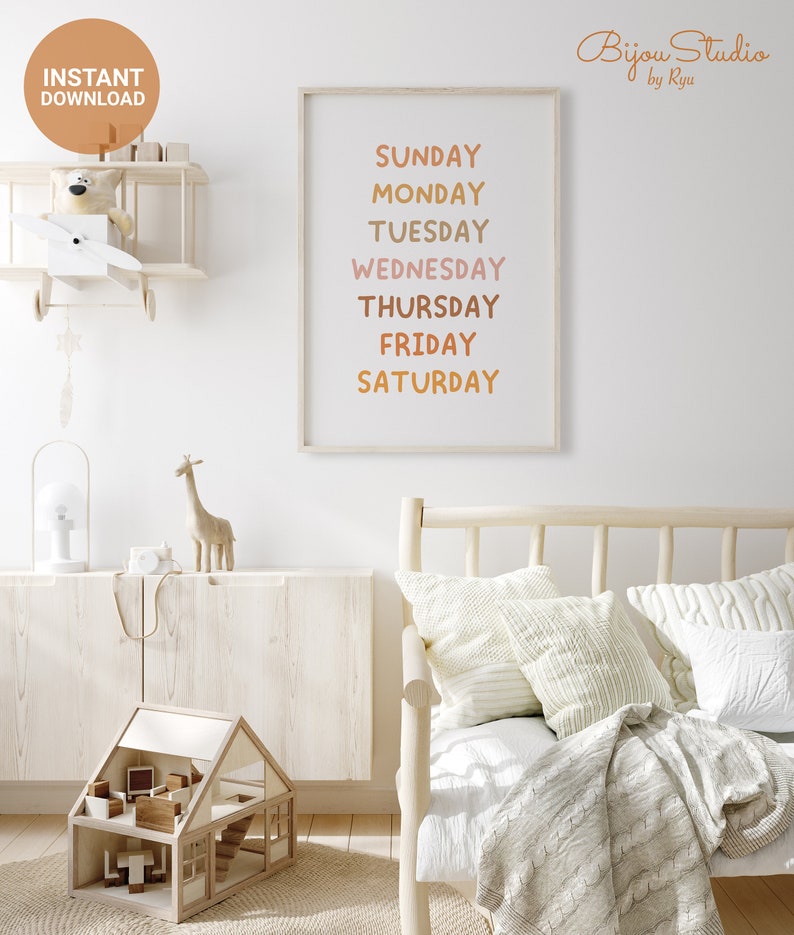 Days of the Week Boho Nursery Printable Wall Art Educational | Etsy
