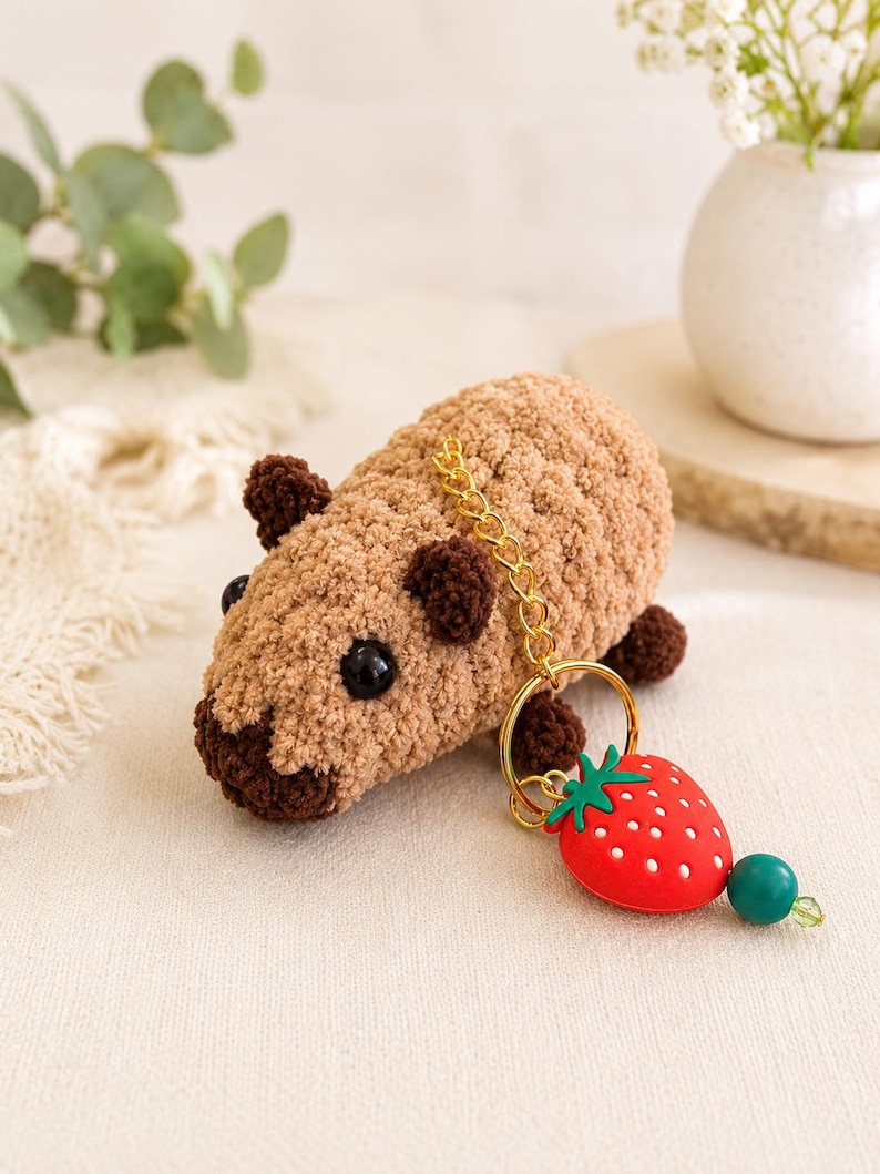 Crochet Capybara Keychain | Plush Amigurumi Backpack Charm, Strawberry ...