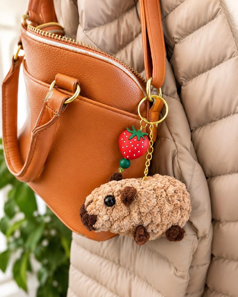 Crochet Capybara Keychain | Plush Amigurumi Backpack Charm, Strawberry ...