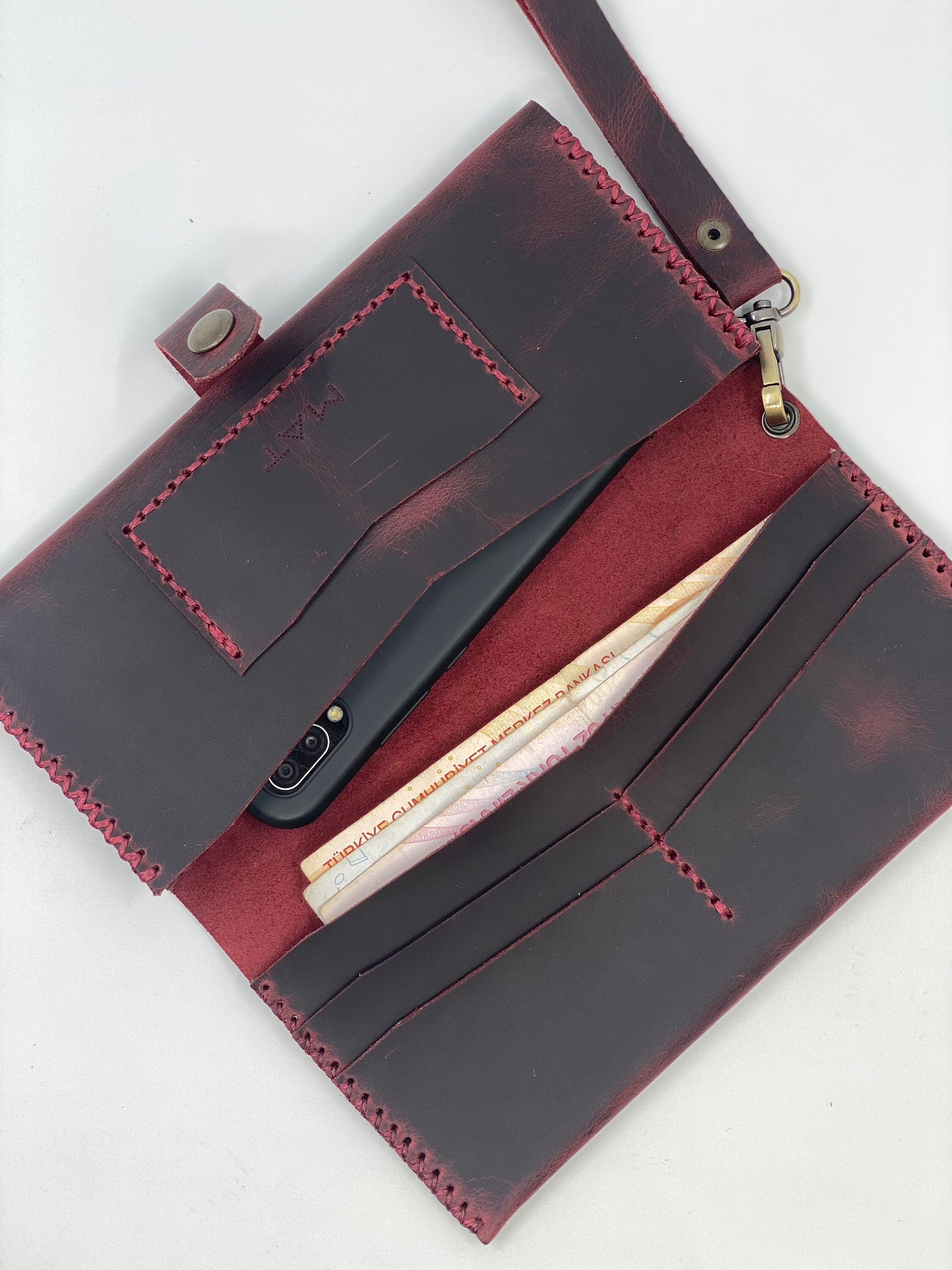 Personalized Leather Wallet for Woman, Long Leather Wallet With Handle ...