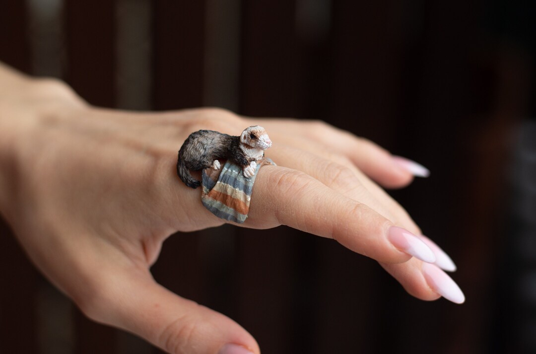 Charming Ferret Polymer Clay Ring Handcrafted Critter Jewelry ...