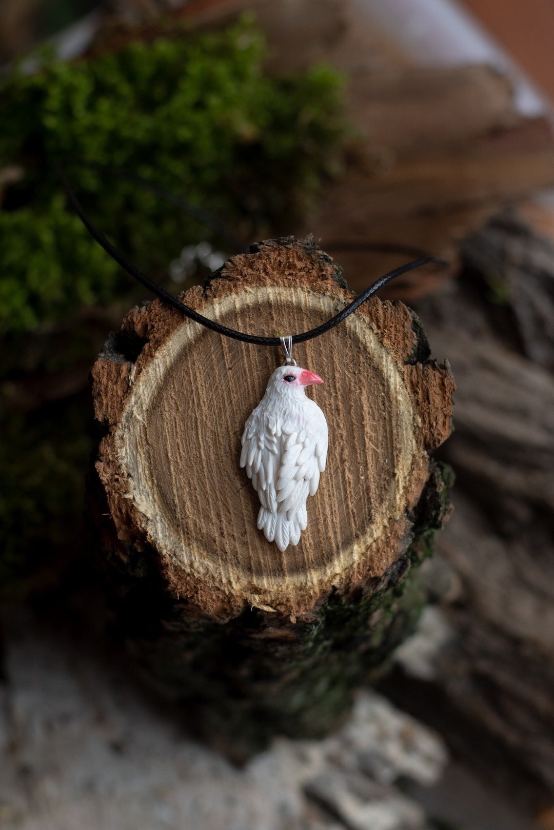 Raven Necklace Amulet White Raven Corbeau Rube Familiar Polymer Clay - Etsy