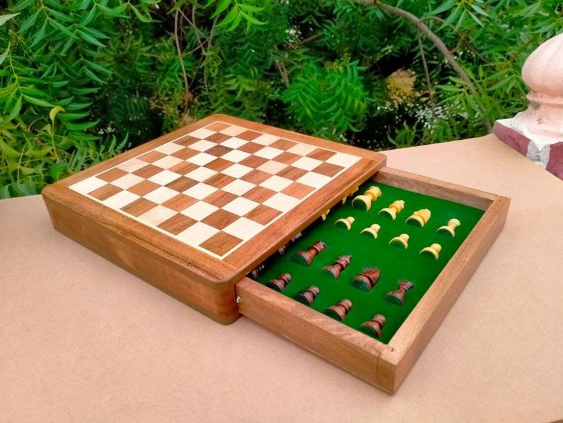 Personalized Engraved Wooden Drawer Chess Board Set Pieces | Etsy