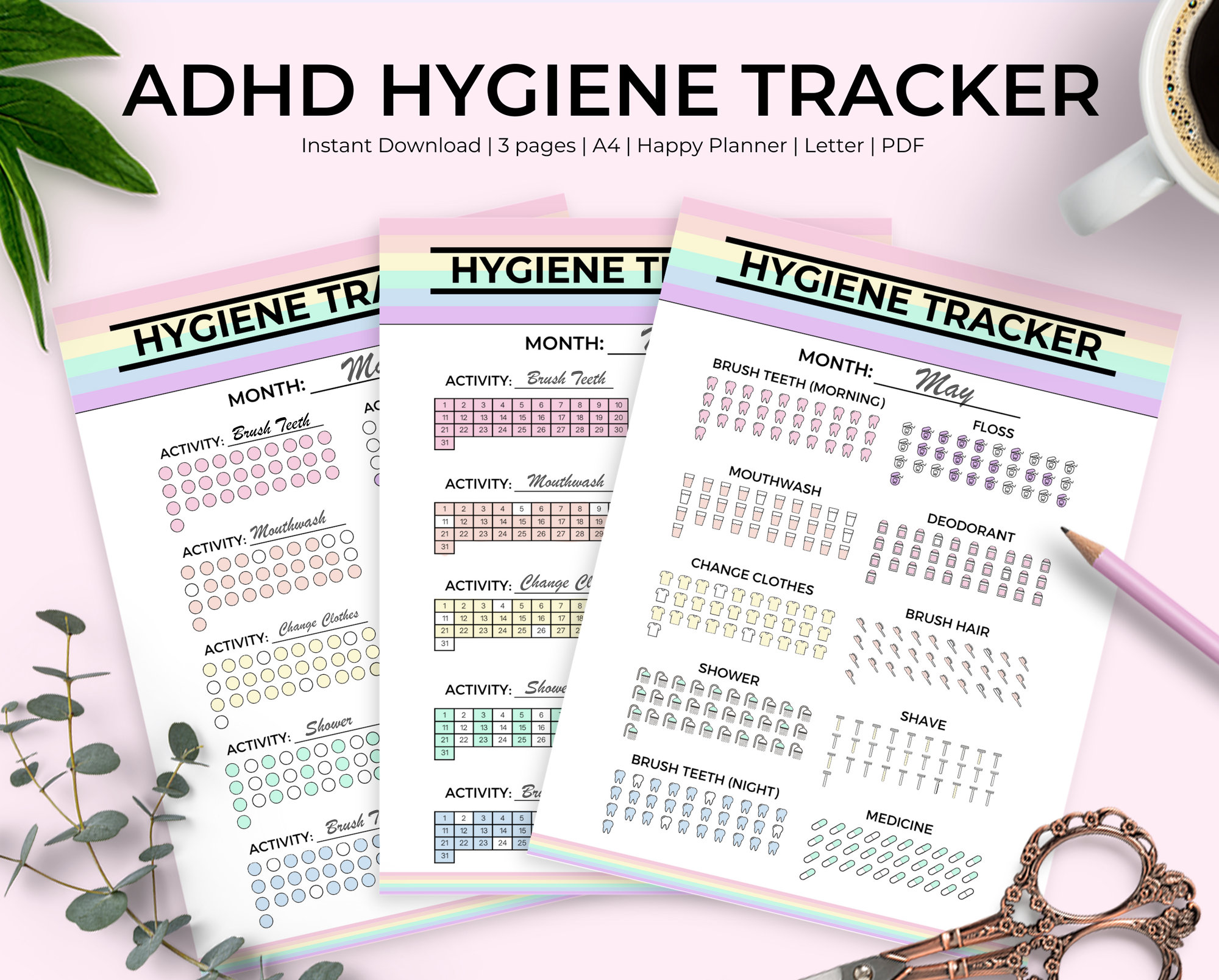 ADHD Pastel Rainbow Hygiene Tracker | Letter | A4 | Happy Planner ...