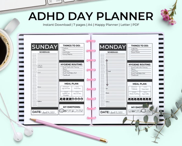 ADHD Black and White Day Planner Letter A4 Happy Planner - Etsy Canada