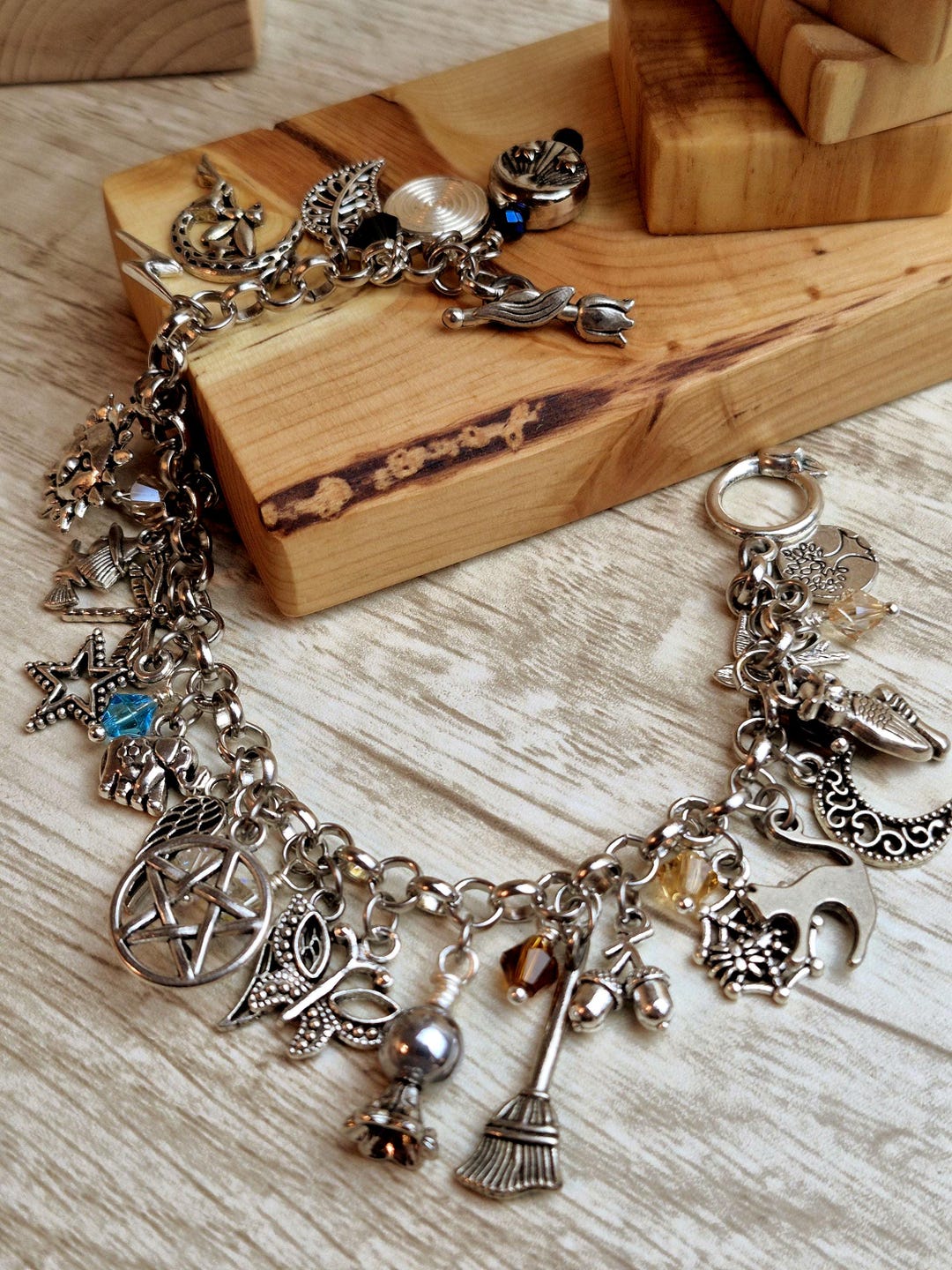 Witchy, Magical, Charm Bracelet: Tibetan Silver Charms and Blue ...