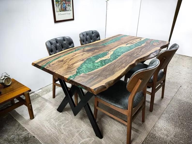 Custom Rustic Modern Dining Table – Handmade Solid Walnut Live Edge With Unique Epoxy Resin ...