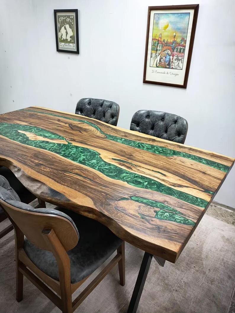 Custom Rustic Modern Dining Table – Handmade Solid Walnut Live Edge With Unique Epoxy Resin ...
