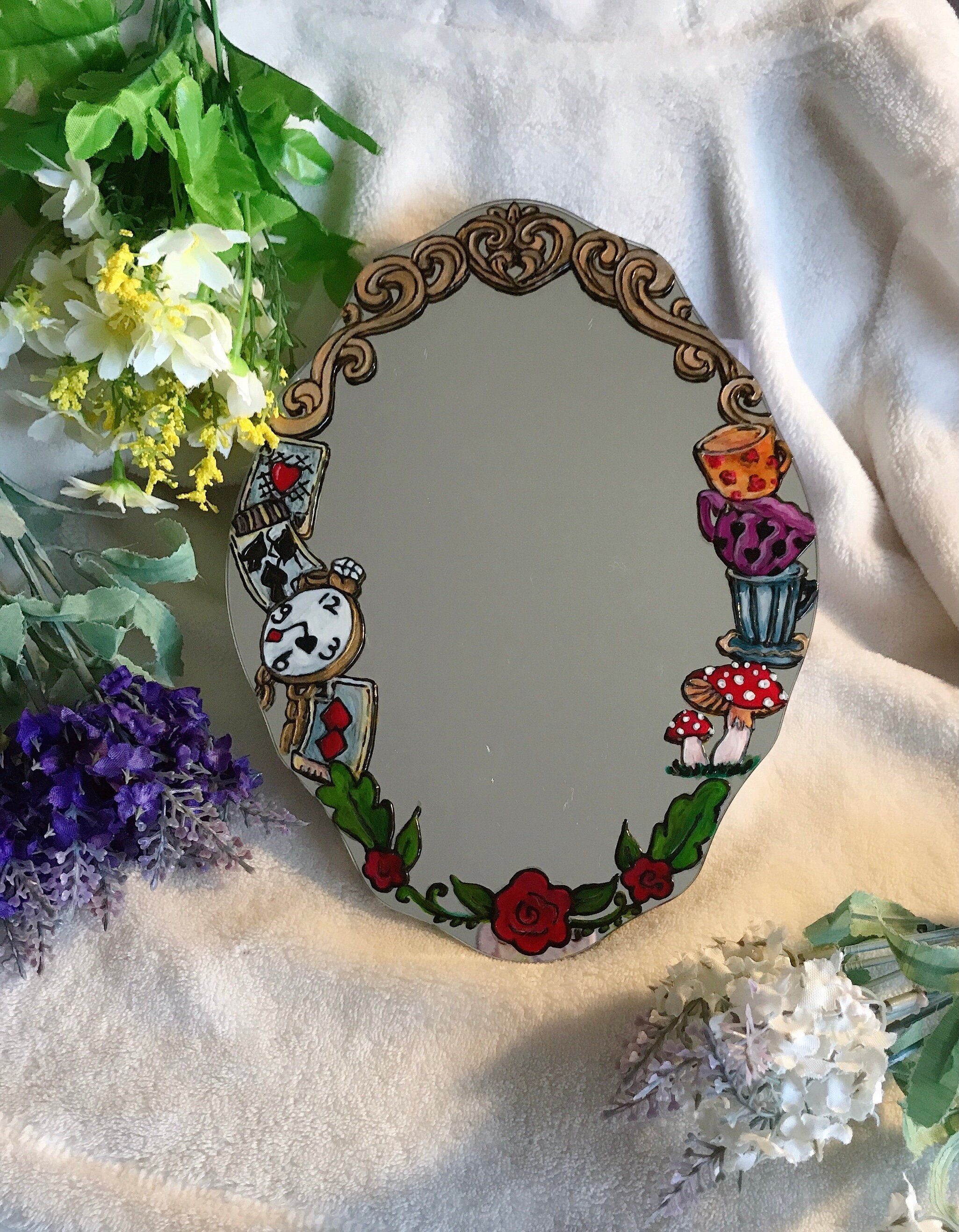 Hand Painted Glass Mirror, Alice in Wonderland Mirror, Alice Wonderland ...