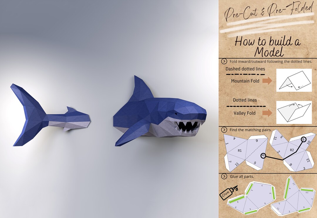 Shark 3D Papercraft Kit - Animal Wall Art Decor, Low Poly Paper Craft ...