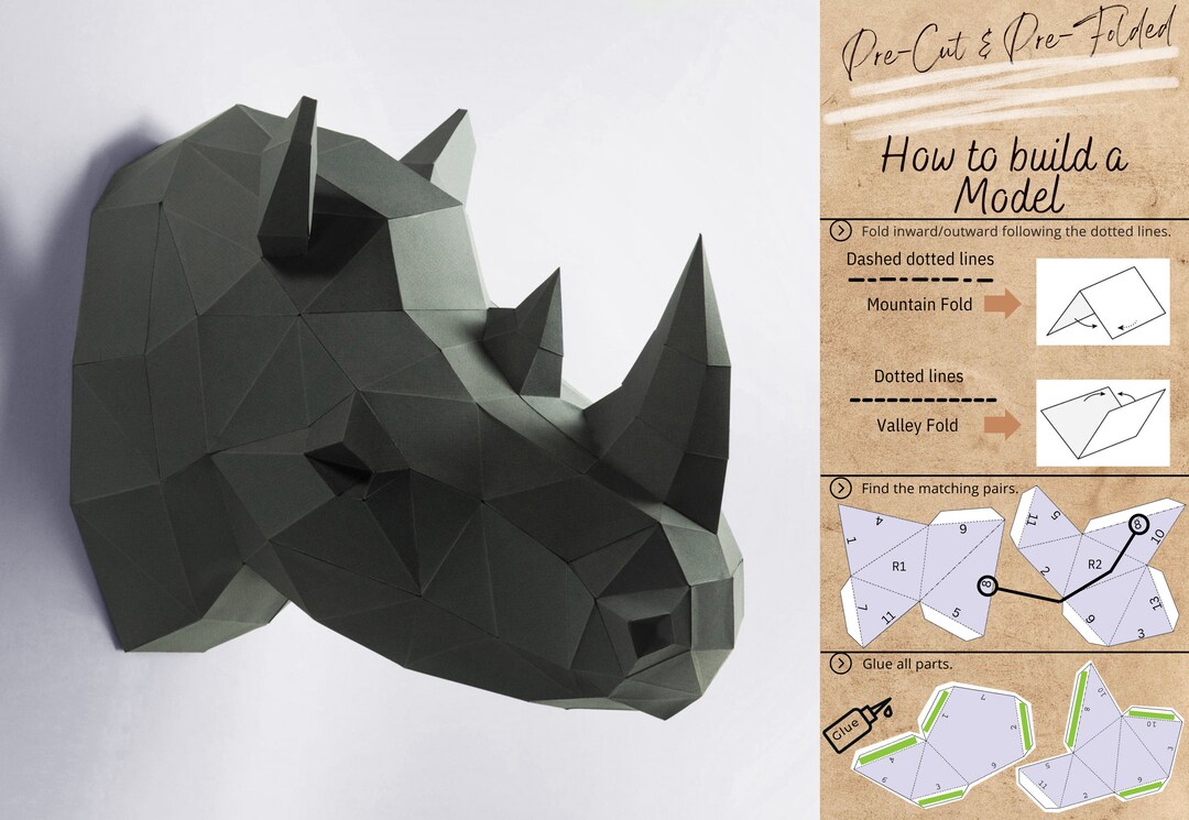 Rhino Head 3D Papercraft Kit - Rhinoceros DIY Room Decor for Boys ...